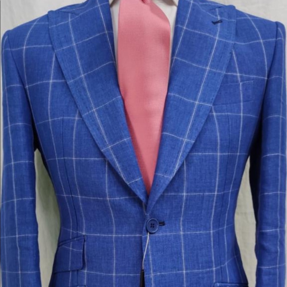 Blue Linen Windowpane Summer Suit - Gem